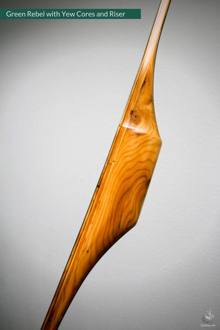 THE REBEL, BOW WITH BACKSET 35@28 GREEN GLASS, YEW CORES AND RISER ...